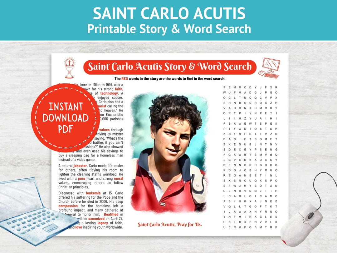 Printable Saint Carlo Acutis Story and Word Search, Instant Digital ...