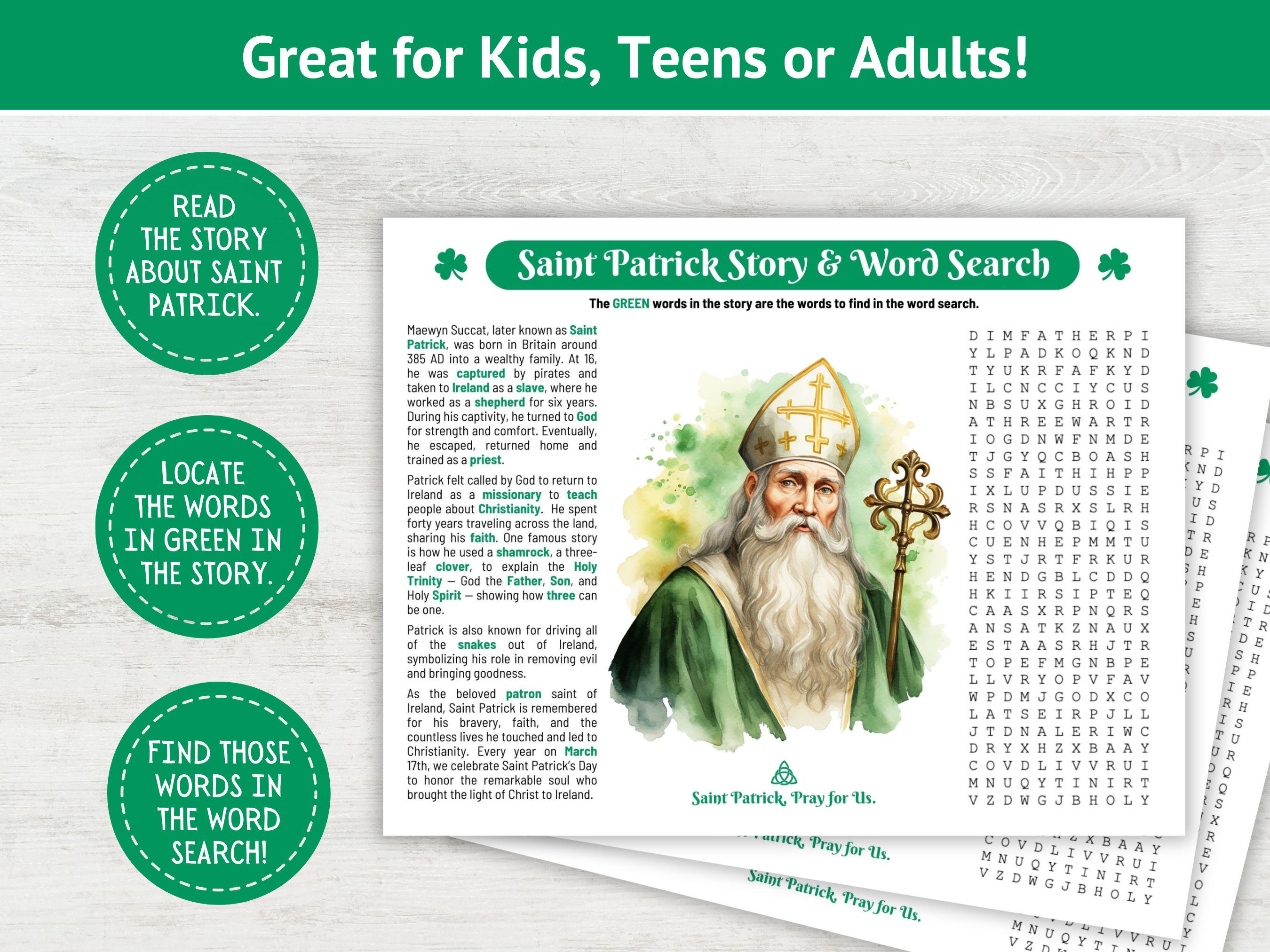 Printable Saint Patrick Story and Word Search, Instant Digital Download ...
