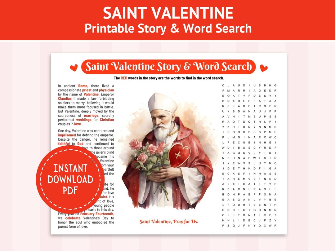 Printable Saint Valentine Story and Word Search, Instant Digital ...