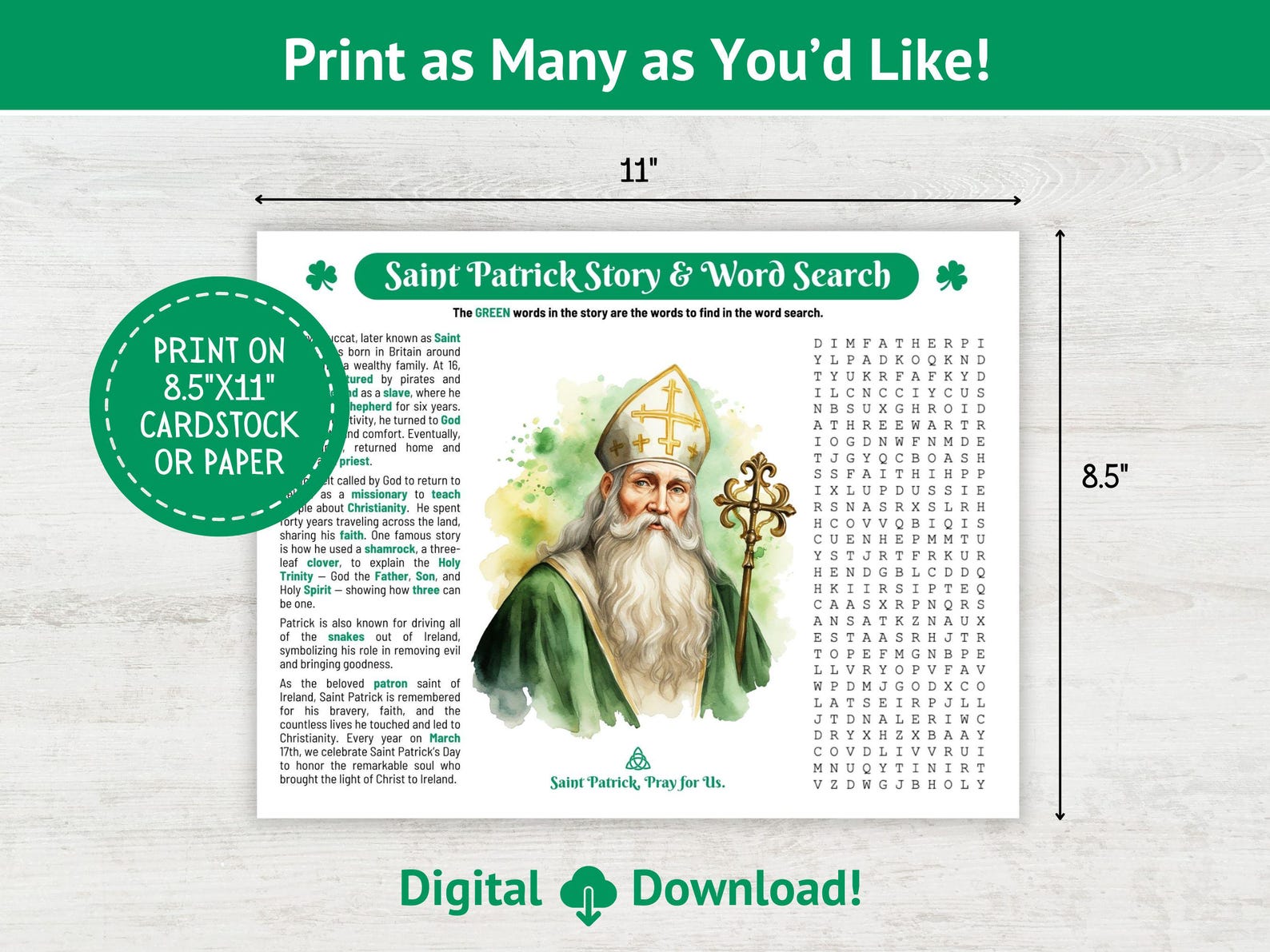 Printable Saint Patrick Story and Word Search, Instant Digital Download ...
