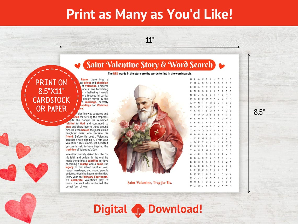 Printable Saint Valentine Story and Word Search, Instant Digital ...