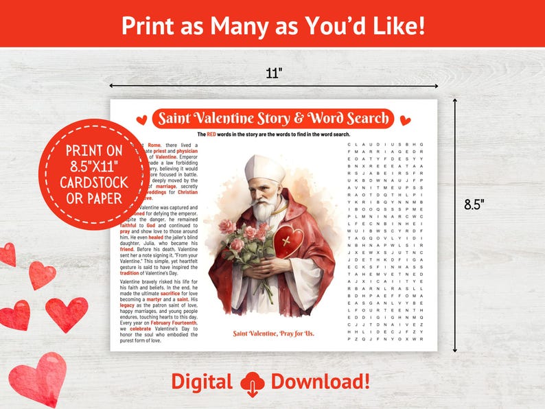 Printable Saint Valentine Story and Word Search, Instant Digital ...