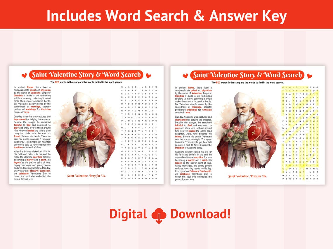 Printable Saint Valentine Story and Word Search, Instant Digital ...