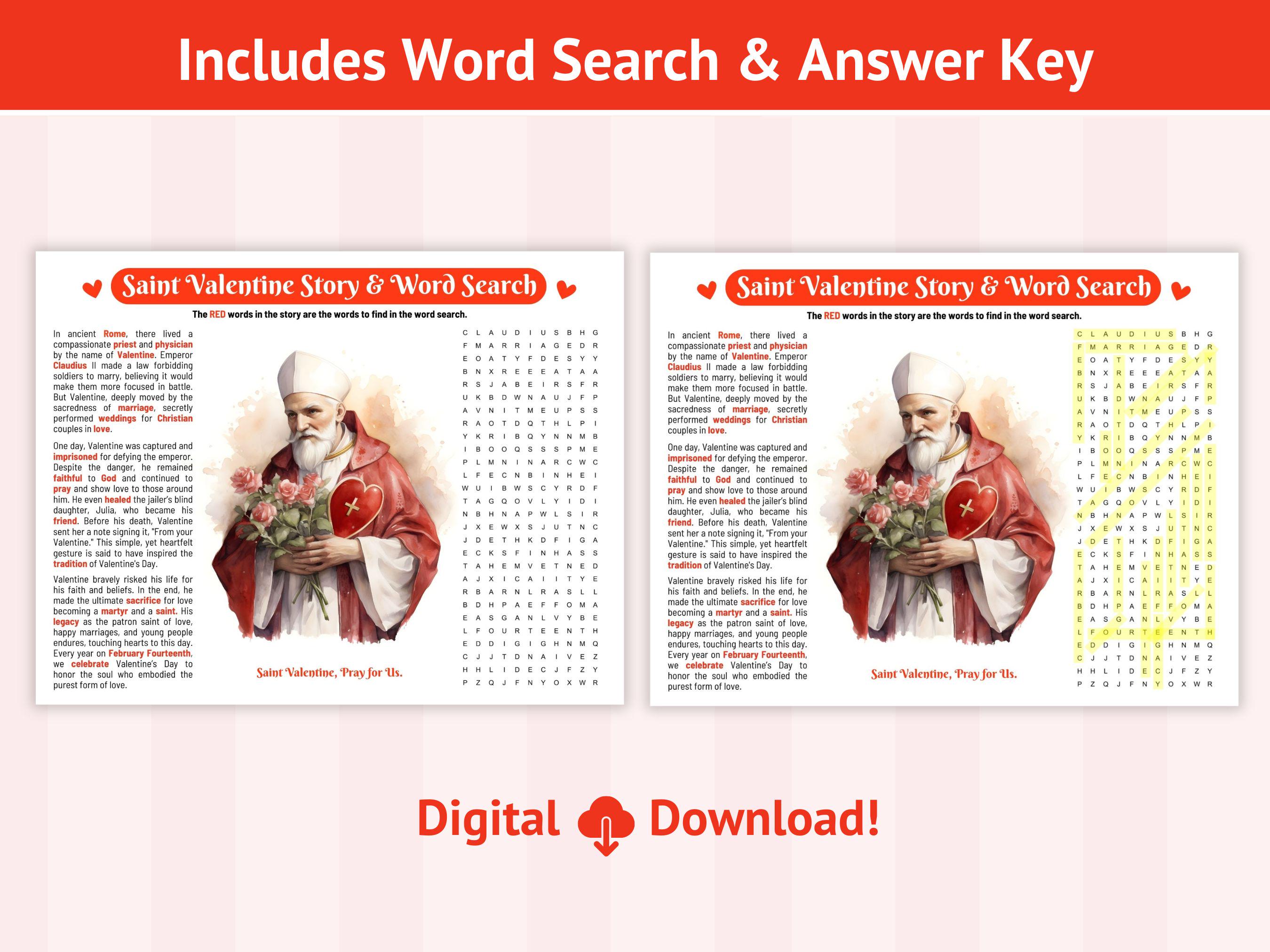 Printable Saint Valentine Story and Word Search, Instant Digital ...