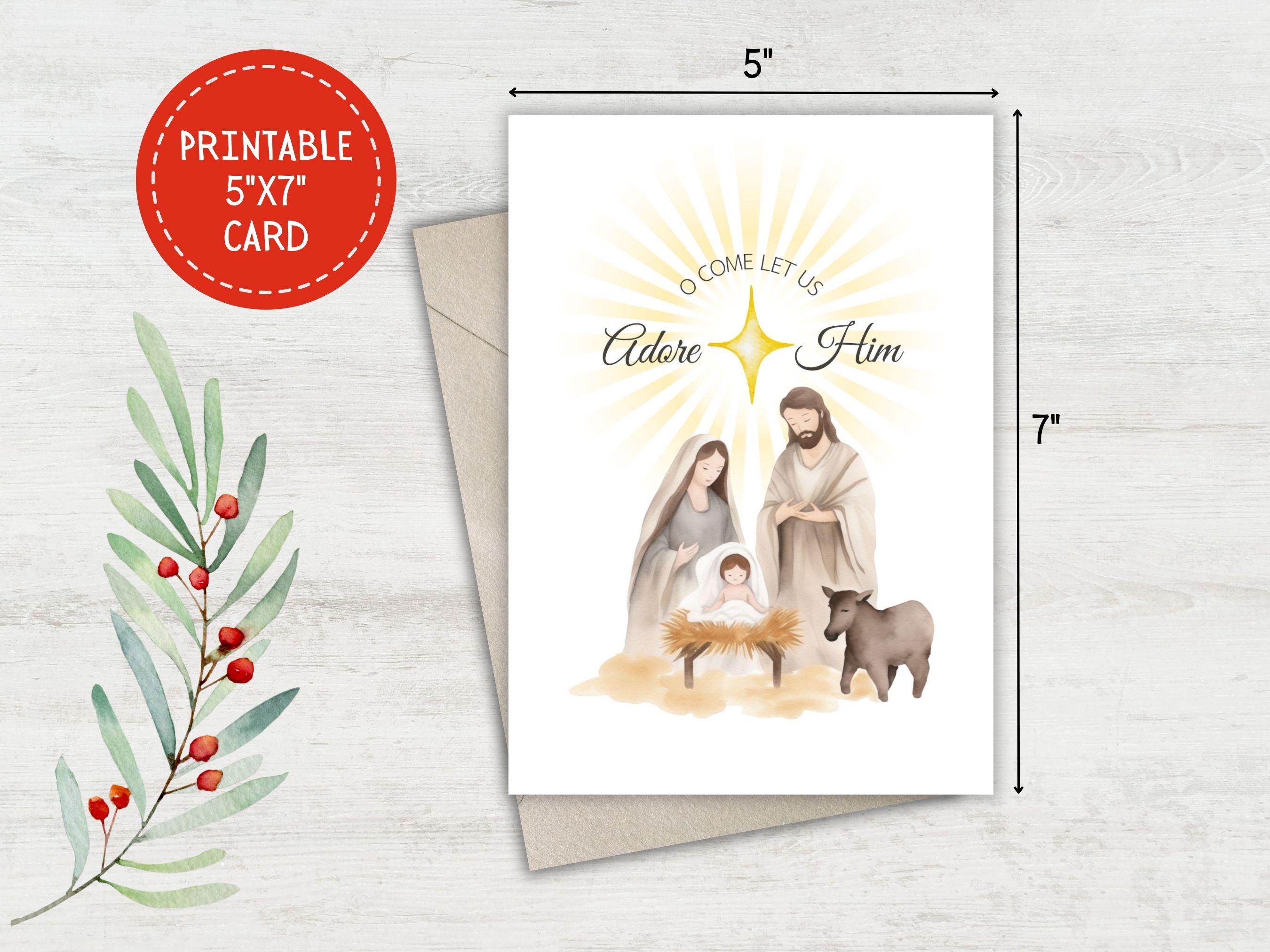 Printable O Come Let Us Adore Him Christmas Nativity Greeting Card ...