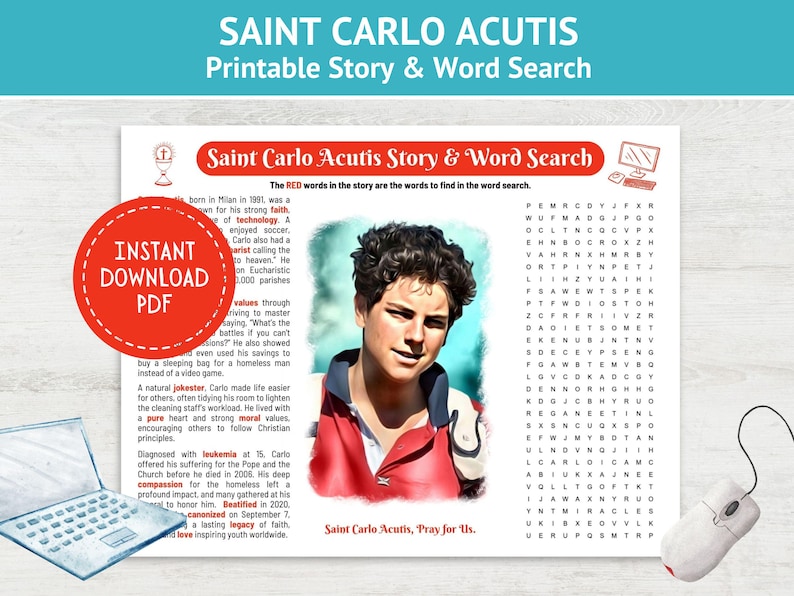 Printable Saint Carlo Acutis Story and Word Search, Instant Digital ...
