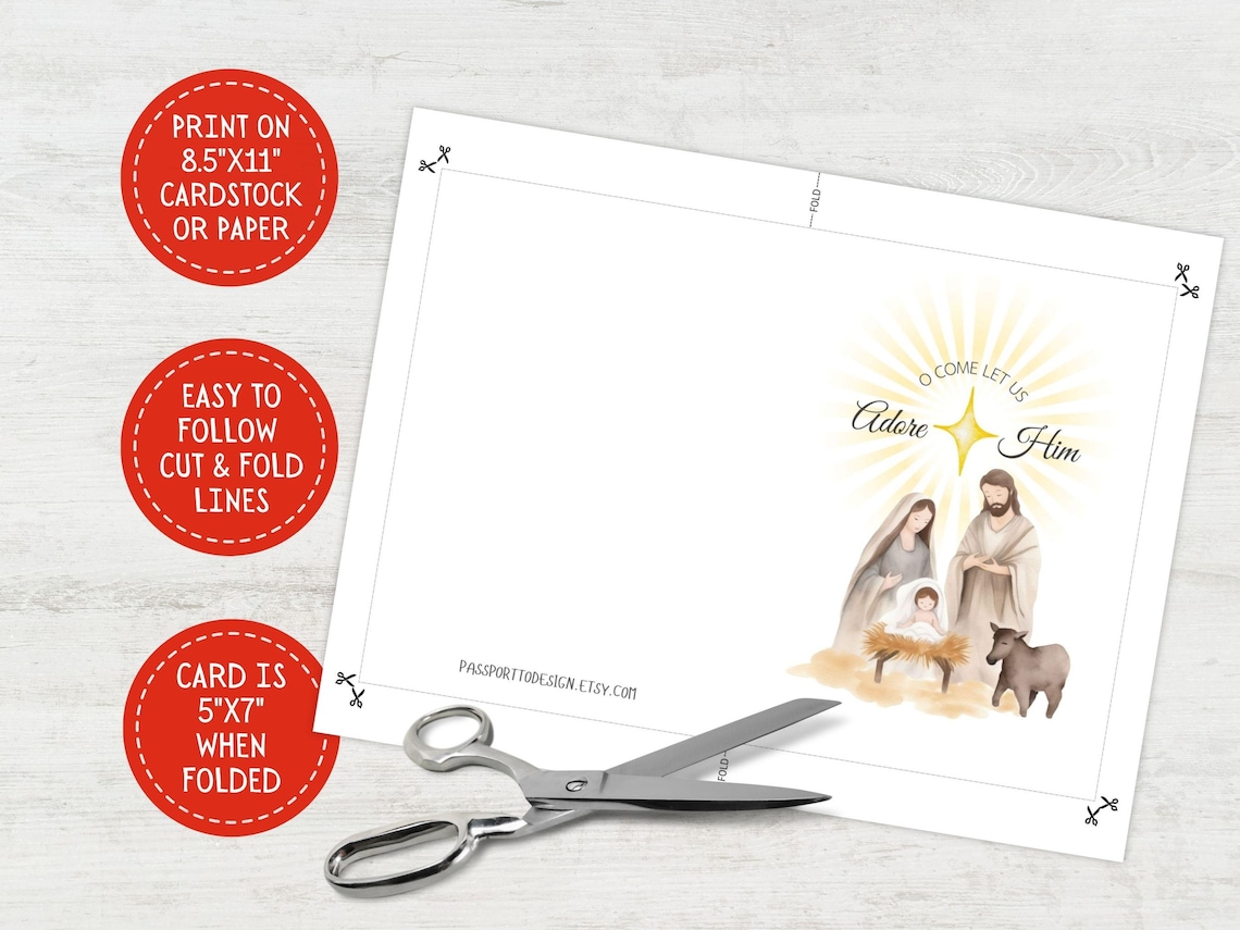 Printable O Come Let Us Adore Him Christmas Nativity Greeting Card ...