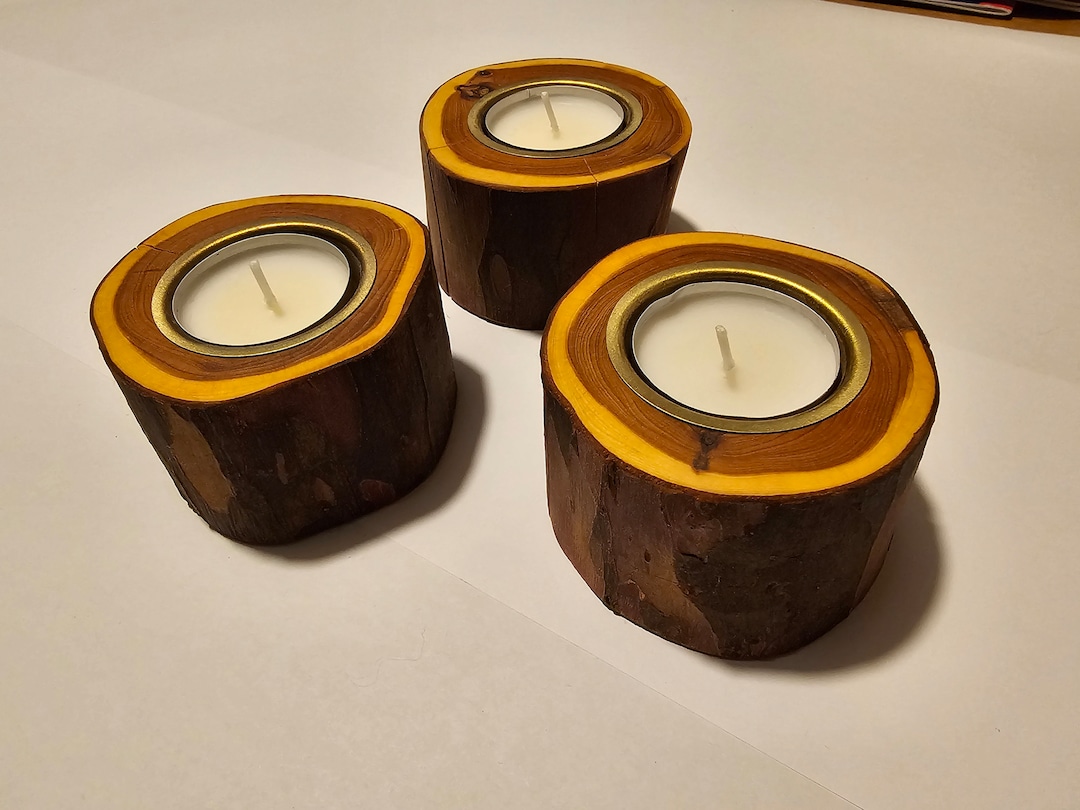 Set of 3 Yew Tea Lights Made From Branch Discs Yew Wood With Tree Bark ...