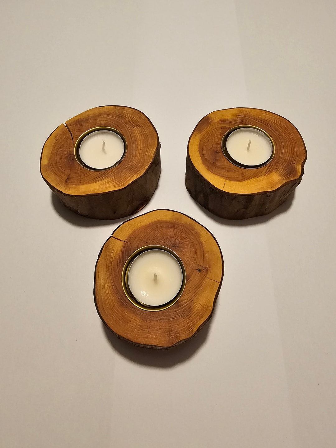 Set of 3 Yew Tea Lights Made From Branch Discs Yew Wood With Tree Bark ...