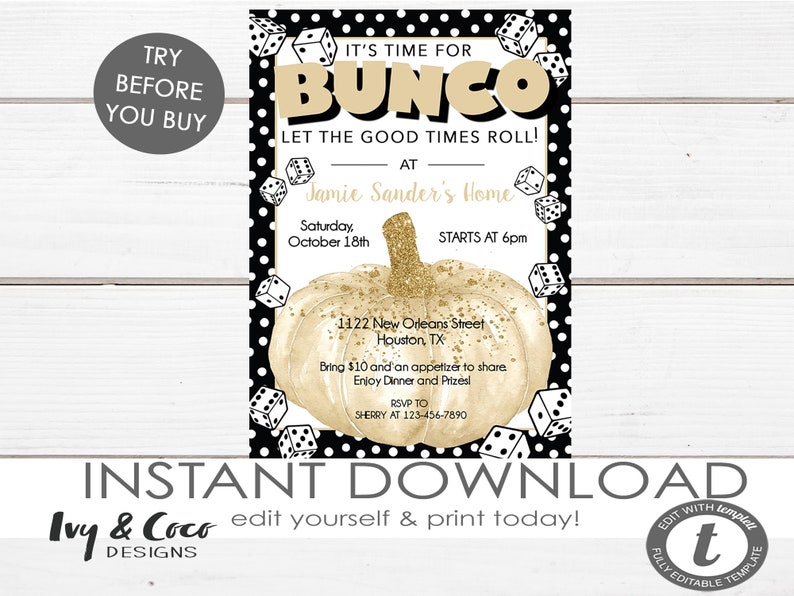 Bunco Party Invitation, Pumpkin Printable Bunco Invitation, | Template ...