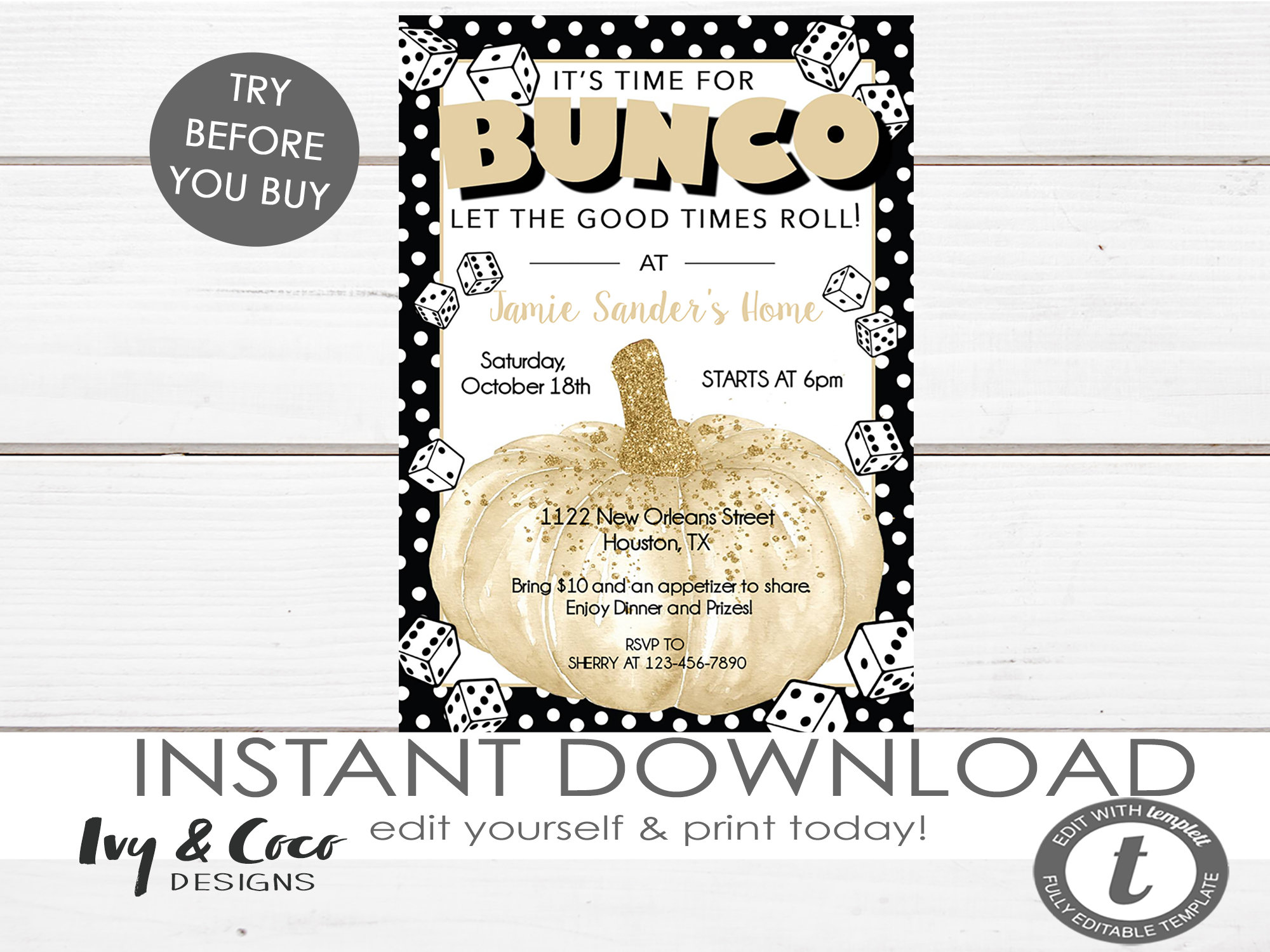 Bunco Party Invitation, Pumpkin Printable Bunco Invitation, | Template ...