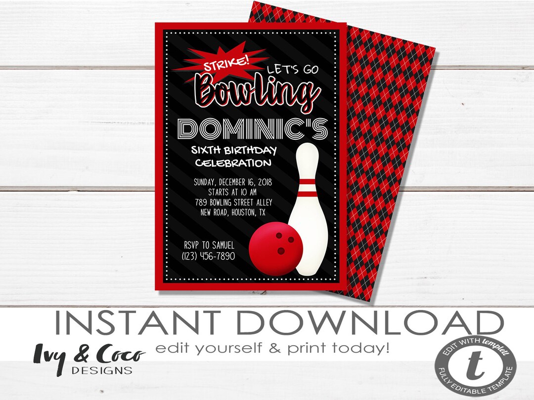 Strike Bowling Invitation Instant Download, Bowling Birthday Invitation ...
