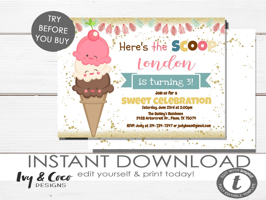 Ice Cream Party Invitation, Ice Cream Birthday Invitation, Girl ...
