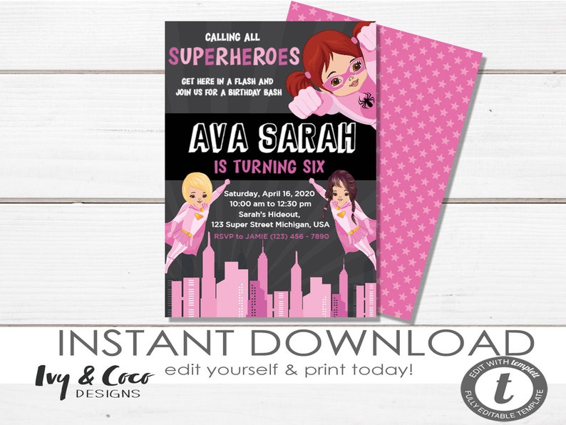 Girl Superhero Invitation Instant Download, Girl Superhero Birthday ...