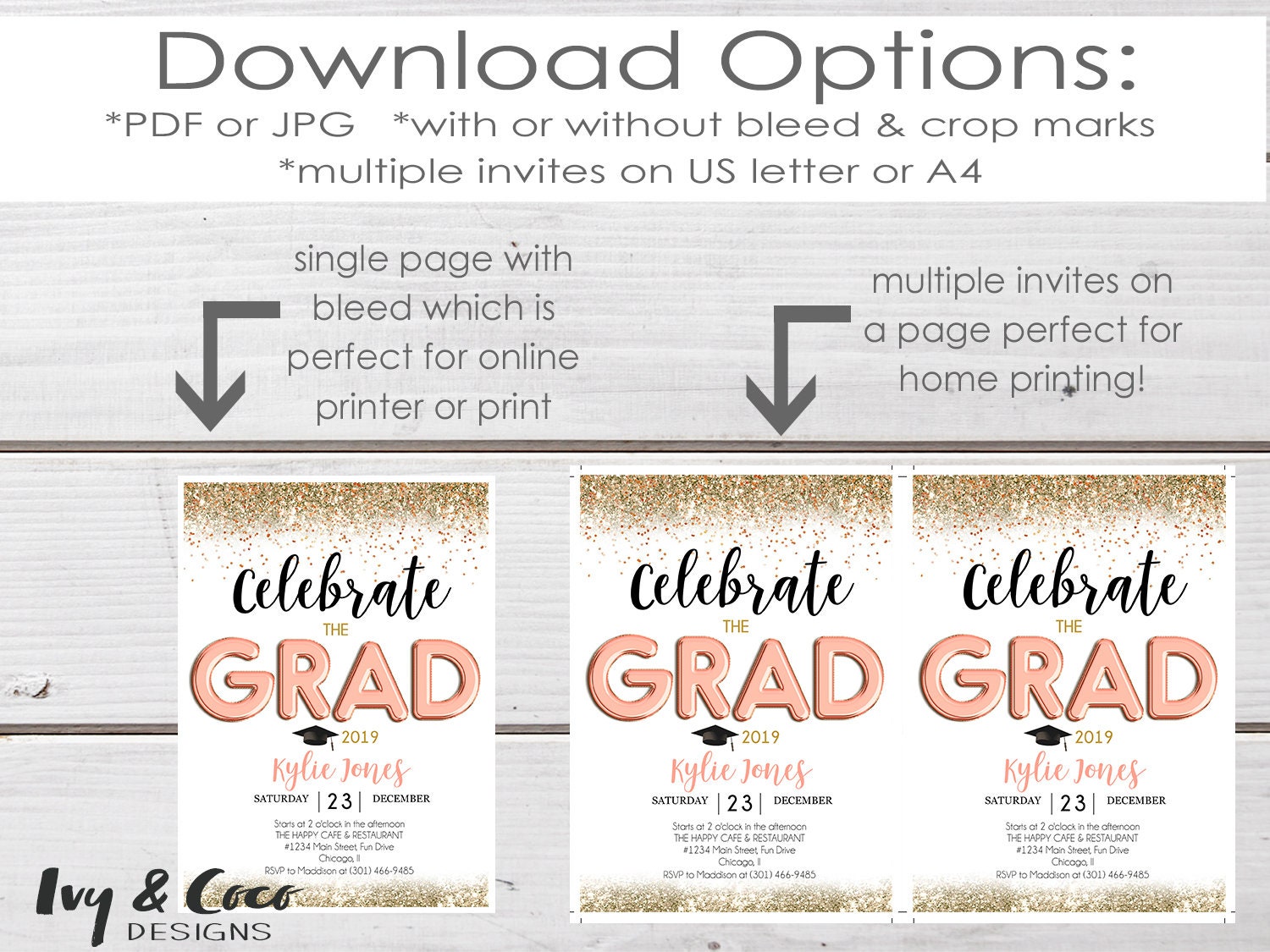 Grad Party Invitation Instant Download Template, Rose Gold Graduation ...