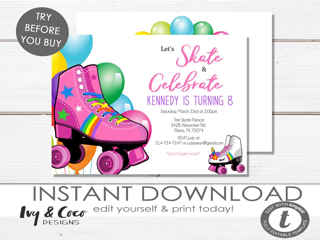 Skating Birthday Invitation Template, DIY, Skate Party Invitation ...