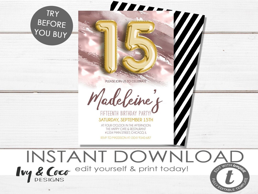 15th Birthday Invitation, Editable 15th Birthday Invitation, Template ...