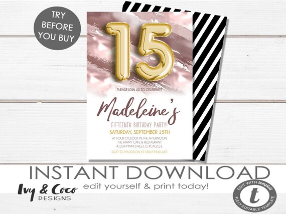15th Birthday Invitation Editable 15th Birthday Invitation | Etsy