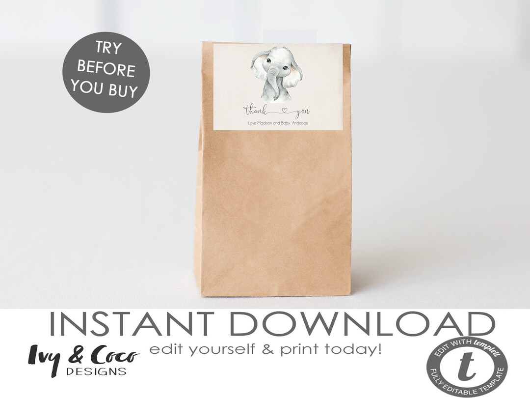 Thank You Gift Tag Elephant Boy Baby Shower Template, Instant Download ...