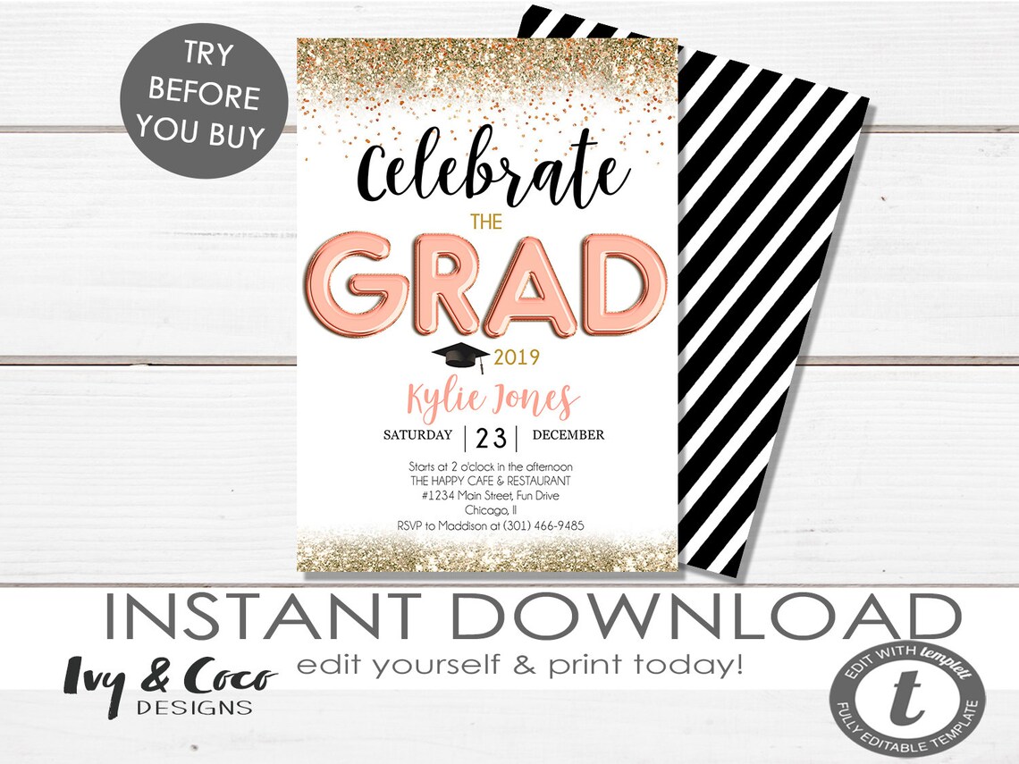 Grad Party Invitation Instant Download Template Rose Gold - Etsy