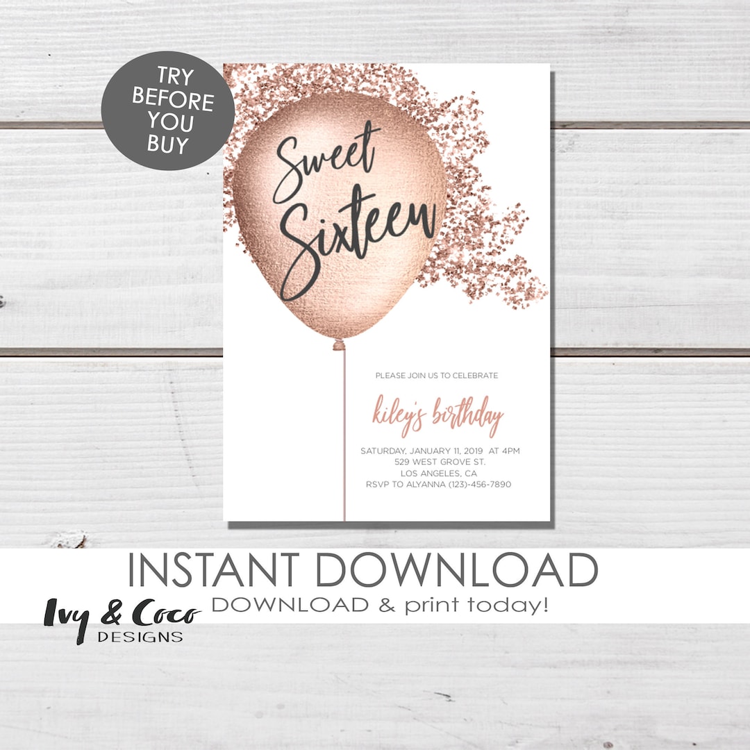 Sweet Sixteen Invitation Rose Gold, 16 Balloon Birthday Invitations ...