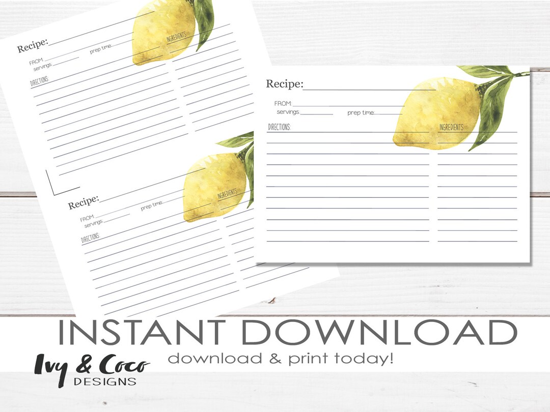 Lemon Recipe Card, Printable, Lemon, Recipe Card, INSTANT DOWNLOAD DIY ...