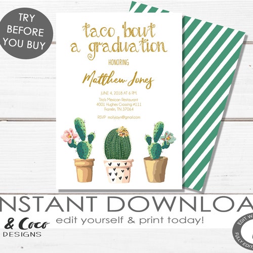 Taco Graduation Party Invitation Instant Download Template - Etsy