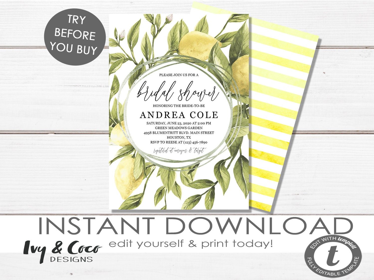 Lemon Bridal Shower Invitation Instant Download, Lemon Shower ...