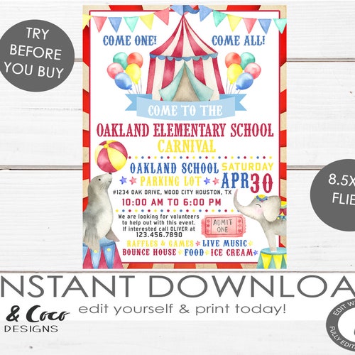 EDITABLE Carnival Flyer Printable PTA PTO Flyer School - Etsy