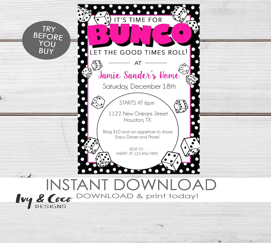 Bunco Party Invitation, Printable Bunco Invitation, | Template, C243 ...