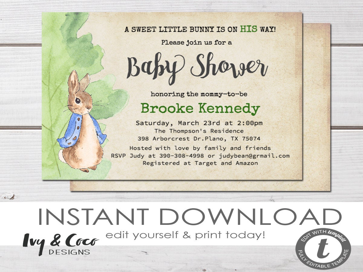 Peter Rabbit Baby Shower Instant Download, Editable, Digital Invitation ...