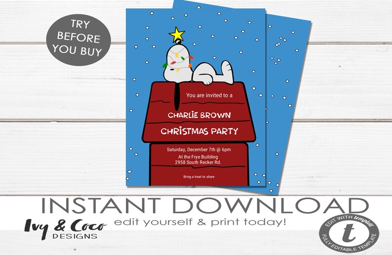 Charlie Brown Christmas Invitation Instant Download Snoopy Christmas ...