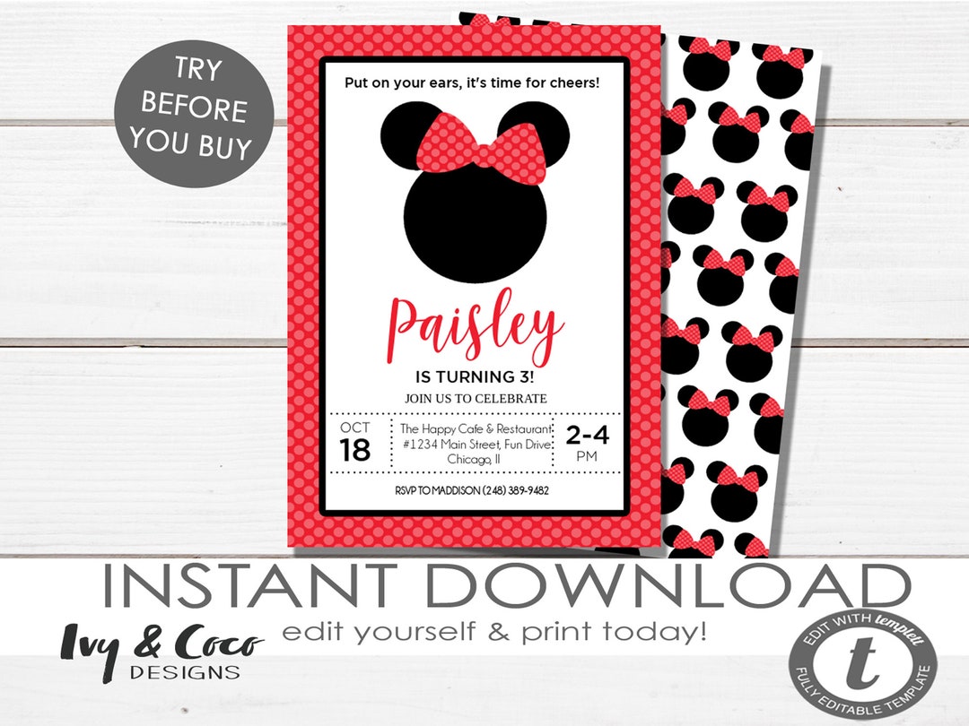 Red Minnie Mouse Invitation, Minnie Invitation, Minnie Birthday ...