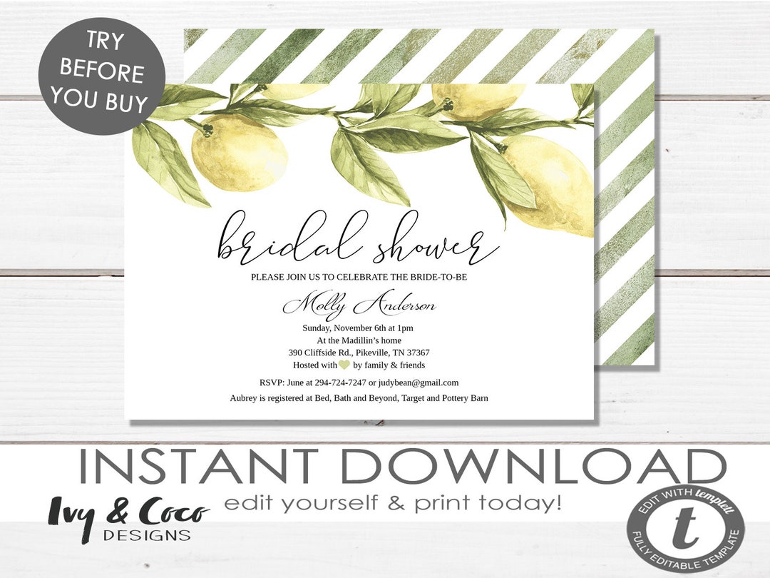 Lemon Bridal Shower Invitation Template, Summer Wedding Shower ...