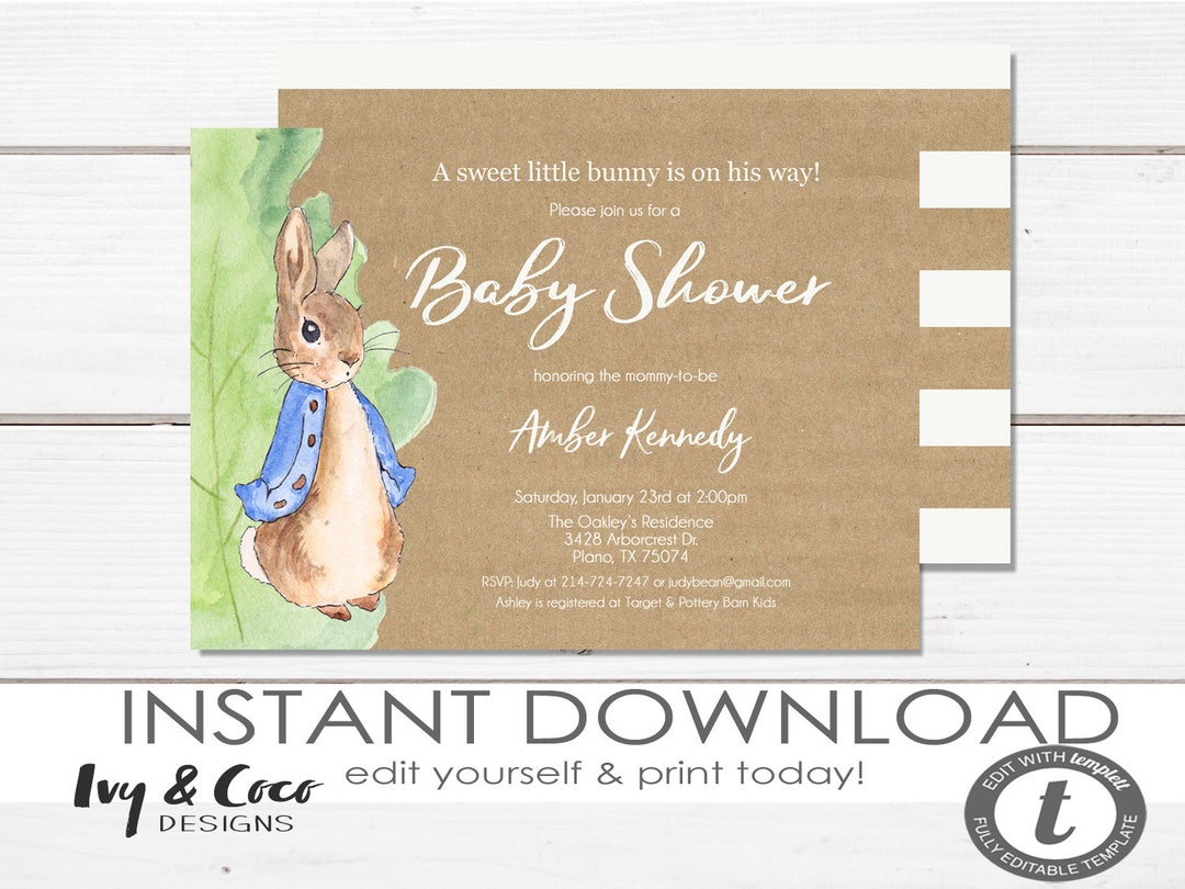 Peter Rabbit Baby Shower Invitation Template, DIY, Baby Shower ...