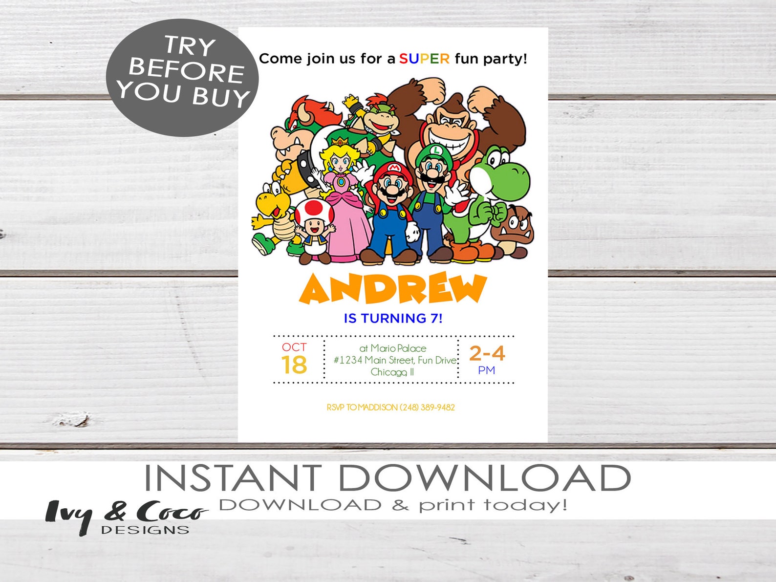 Super Mario Invitation Printable Invitation Super Mario | Etsy