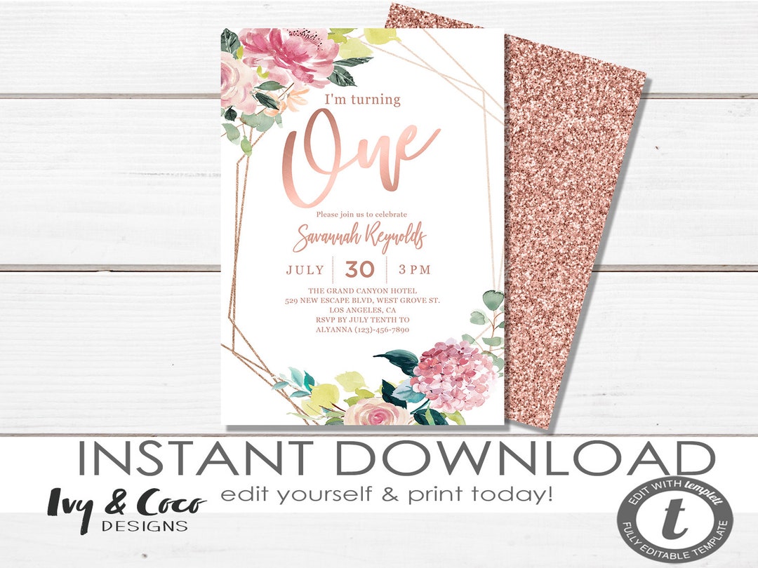 Rose Gold Birthday Invite Template, Birthday Invitation, Girls Birthday ...