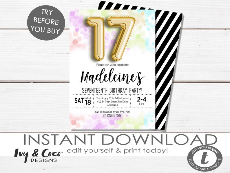 17th Birthday Invitation Gold Balloon Invitation Editable Etsy