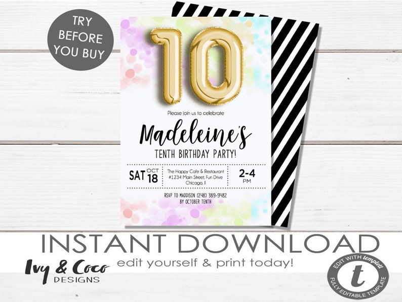 10th Birthday Invitation, Gold Balloon Invitation, Editable, Black ...