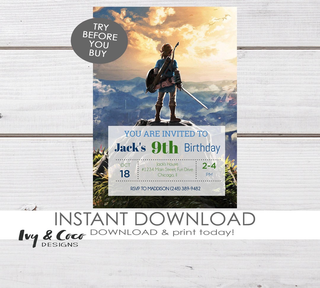 Zelda Theme Birthday Invitation. Zelda Party. Pixel Party Invites ...