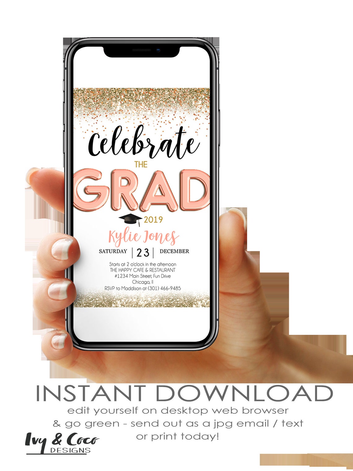 Grad Party Invitation Instant Download Template Rose Gold - Etsy