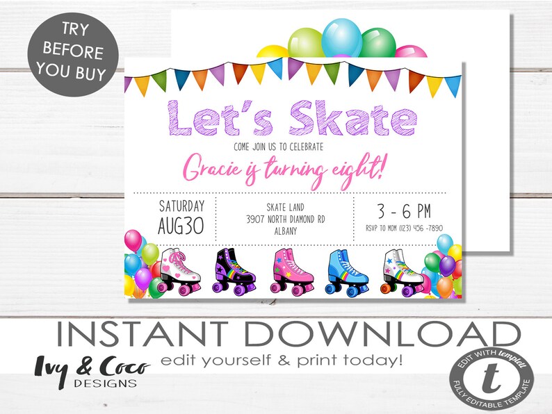 Skating Invitation Skate Party Invitation Instant Download - Etsy
