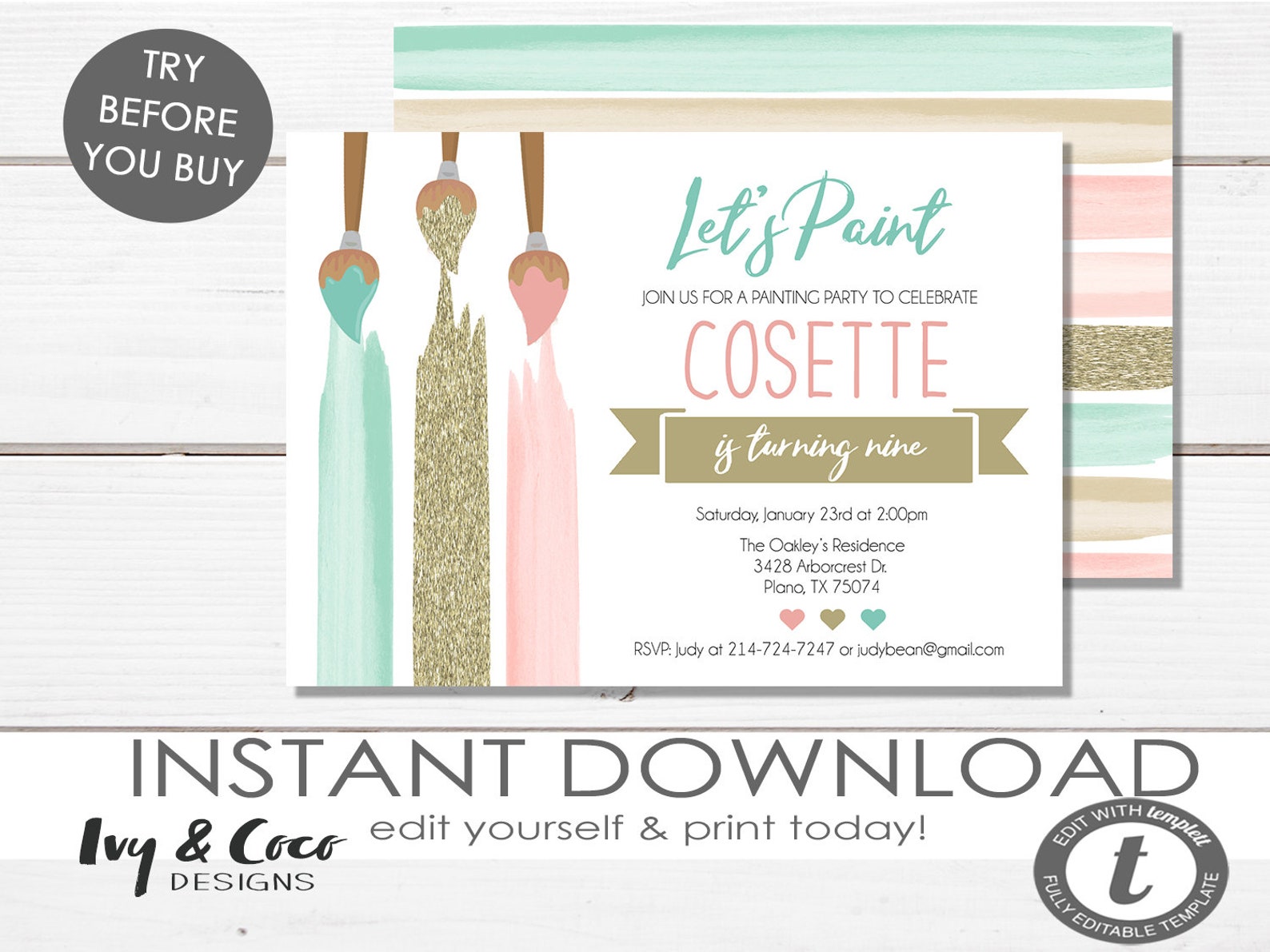 Editable Painting Party Invitation, Instant Download Art Birthday Party ...