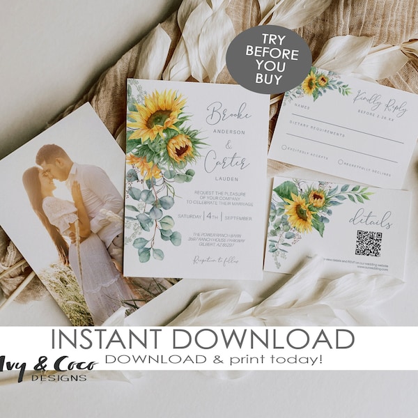 Rustic Sunflower Wedding Invitation Template - Etsy