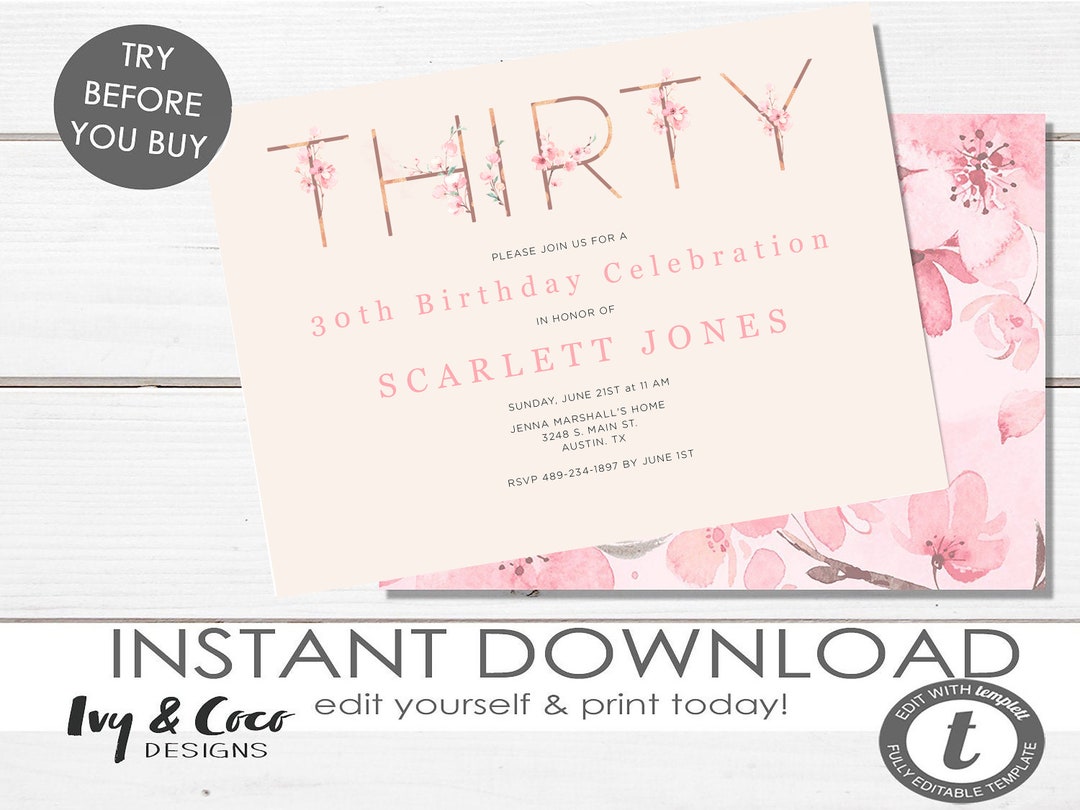 30th Birthday Invitation, Digital Thirty Invitation, Editable, Floral ...