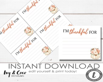 Fall Autumn Printable I'm Thankful for Cards, Instant Download ...