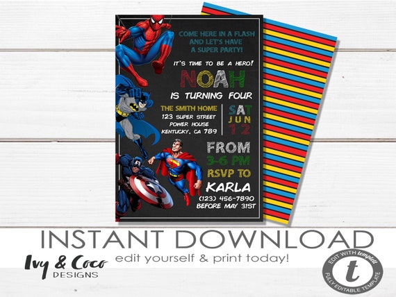 Superhero Birthday Party invitation Instant Download | Etsy