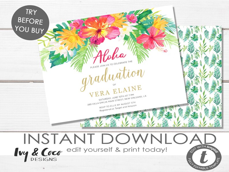 Aloha Gradation Invitation Instant Download Template, Tropical ...