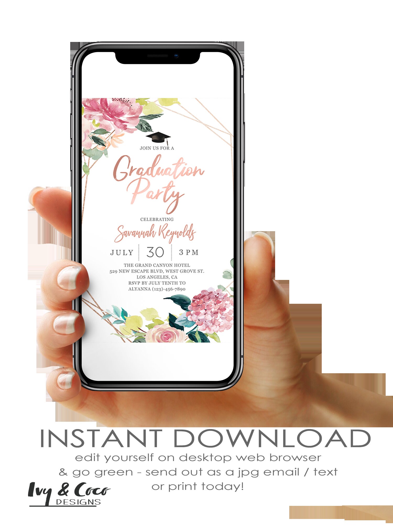 Graduation Party Invitation Instant Download Template Rose - Etsy