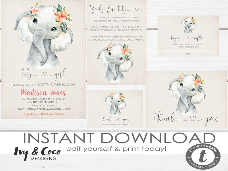 Diaper Raffle Girl Baby Shower Template,elephant Girl Baby Shower ...